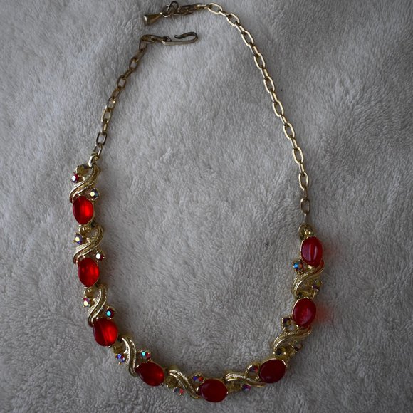 Jewelry | Ruby Red Aurora Borealis Rhinestone Necklacevintage Glamour ...